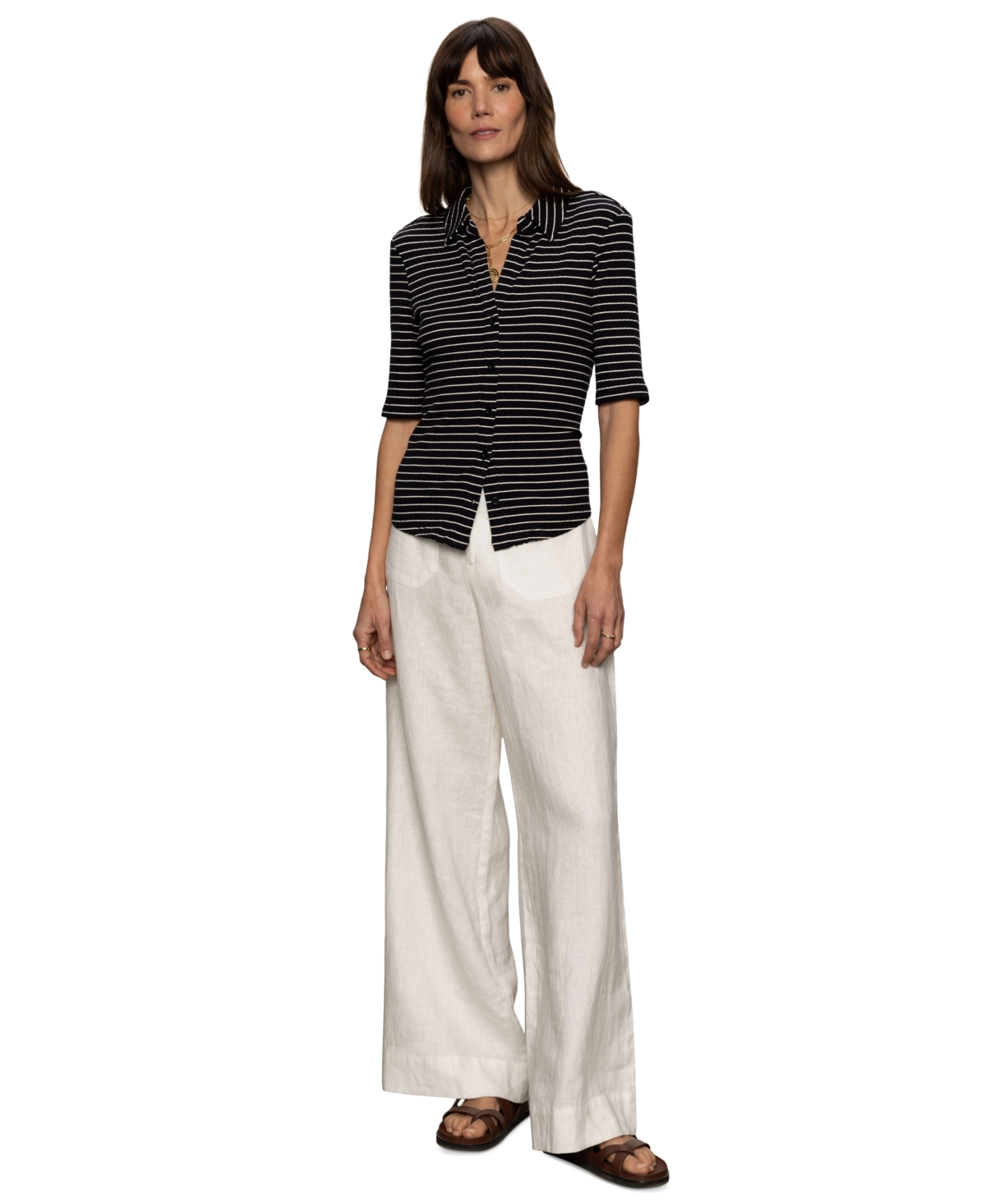 Click here for Sanctuary Womens Striped Rib Elbow-Sleeve Button-U... prices