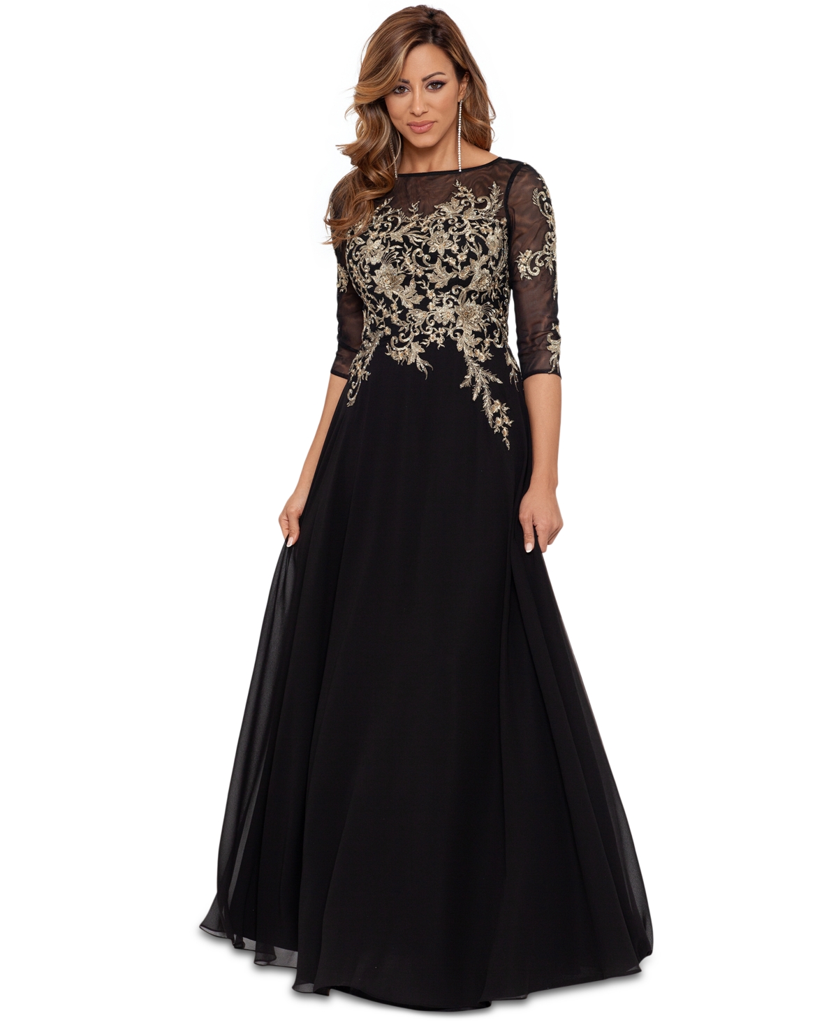 Click here for Betsy & Adam Embroidered 3/4-Sleeve Gown - Black G... prices