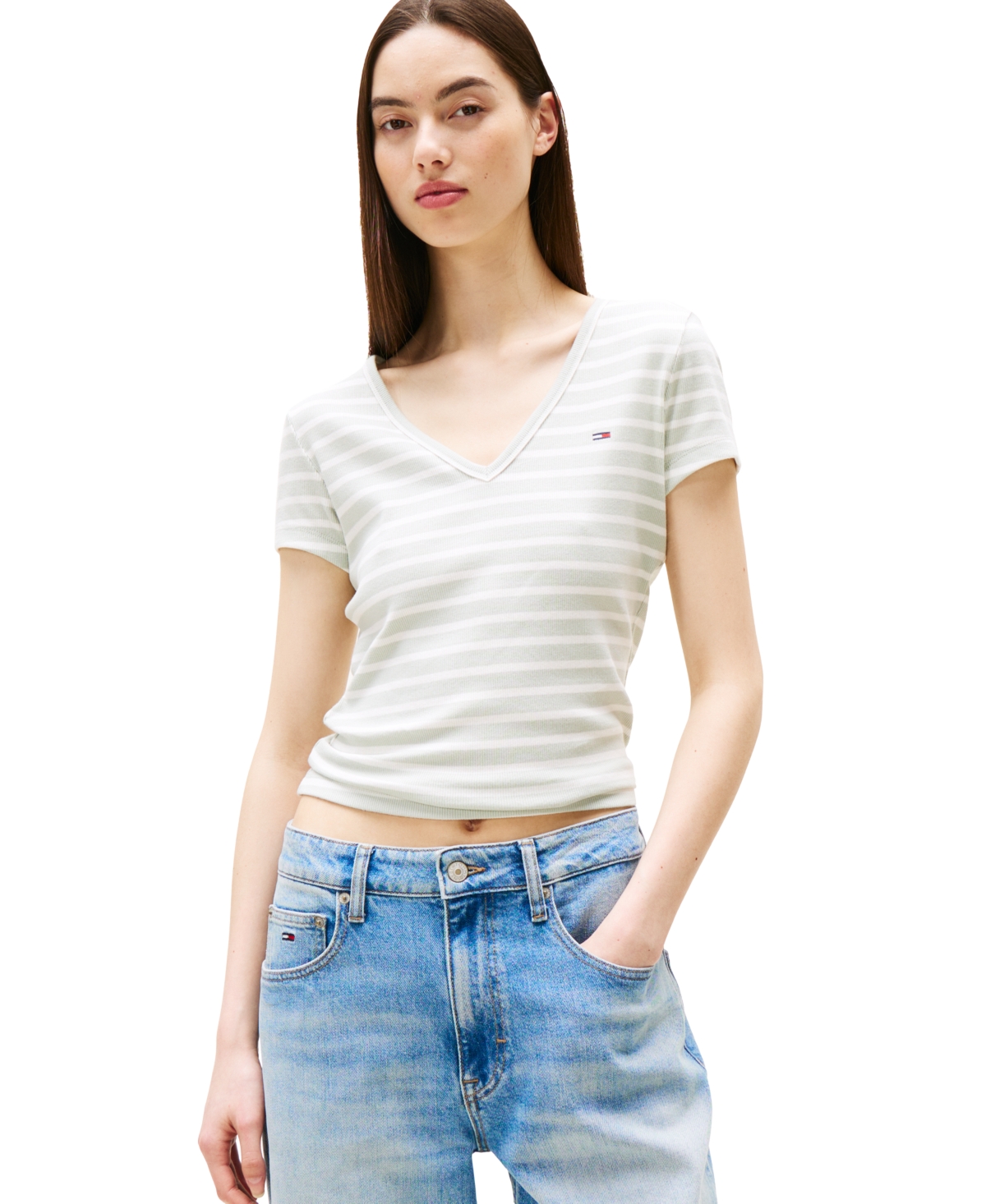Click here for Tommy Jeans Womens Slim-Fit Essential Ribbed V-Nec... prices
