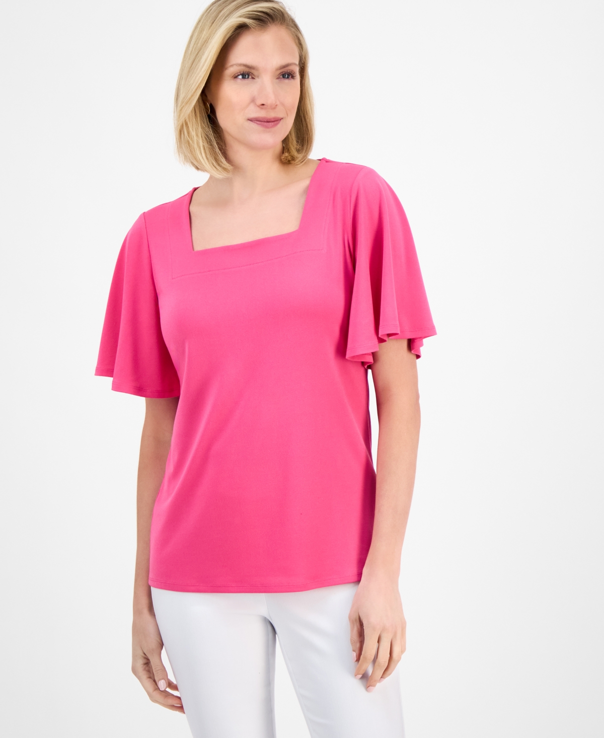 Jm Collection Womens Flutter-Sleeve Square Neck Top  Exclusively at Macys - Fuchsia Flame