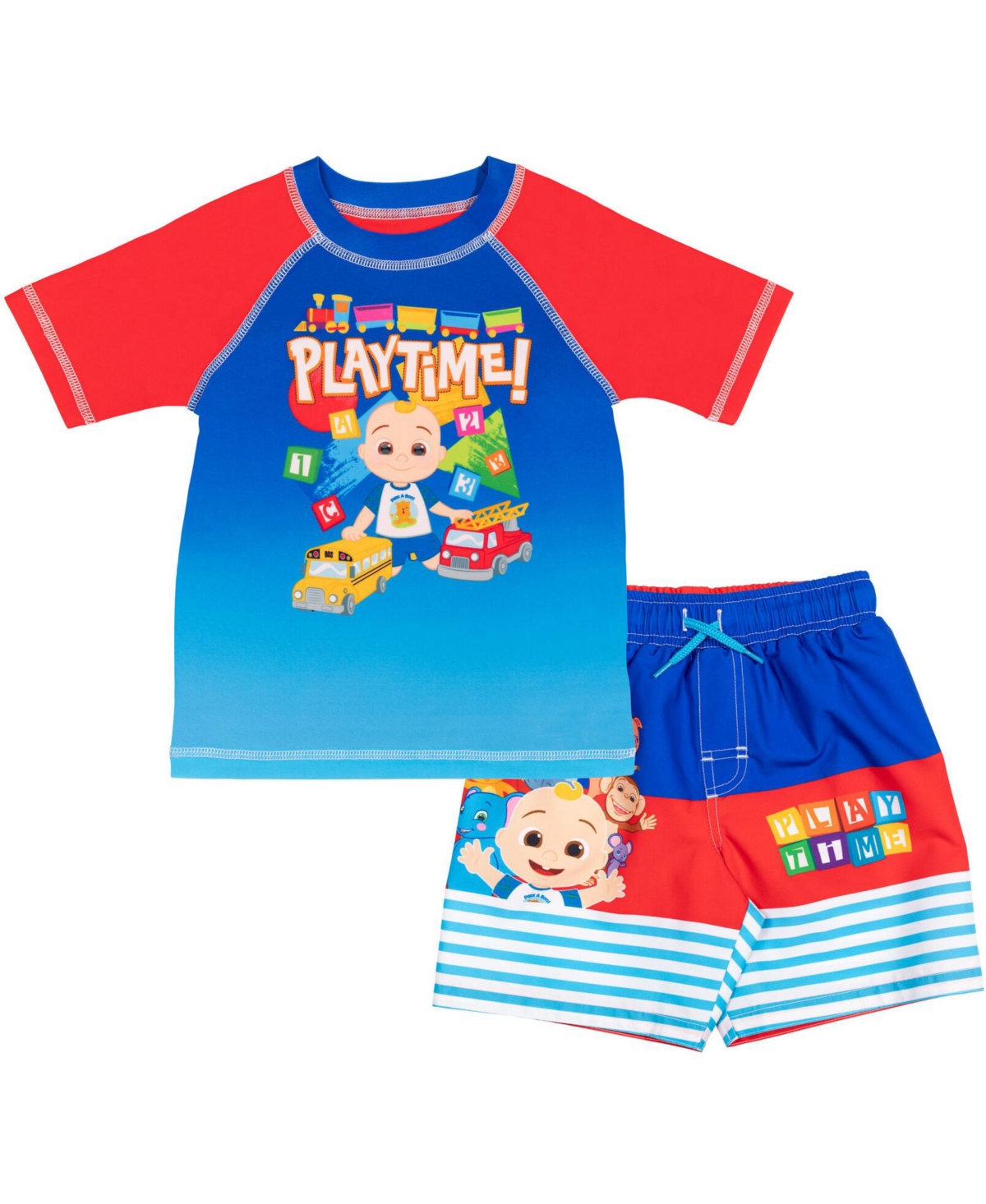 Click here for CoComelon Toddler Boys Rash Guard and Swim Trunks... prices