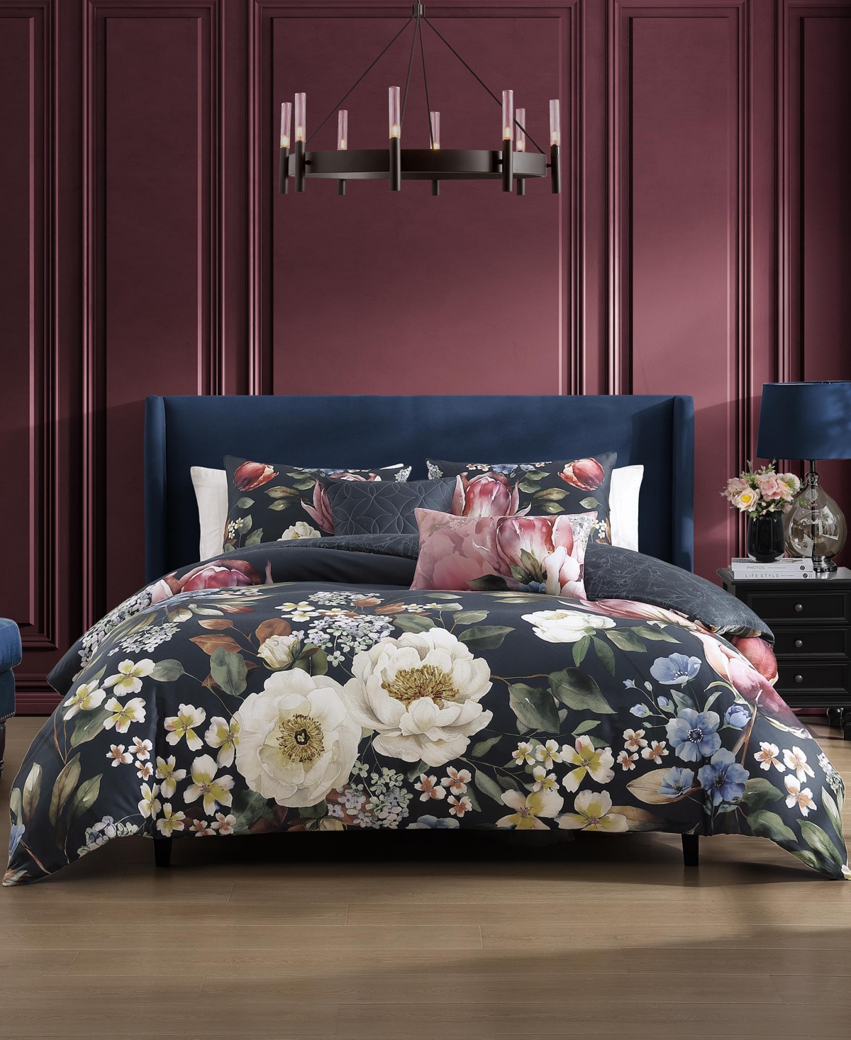 Bebejan Renaissance Bedding 100 Cotton Sateen 5 Piece King Size Reversible Comforter Set - Navy blue