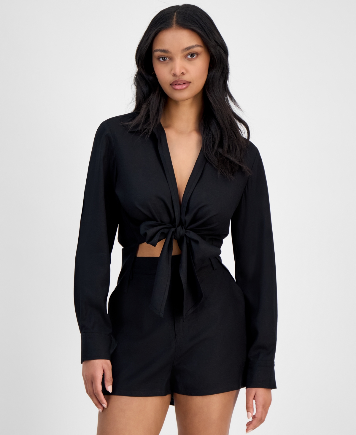 Click here for Bar Iii Womens Collared Tie-Hem Blouse  Exclusivel... prices