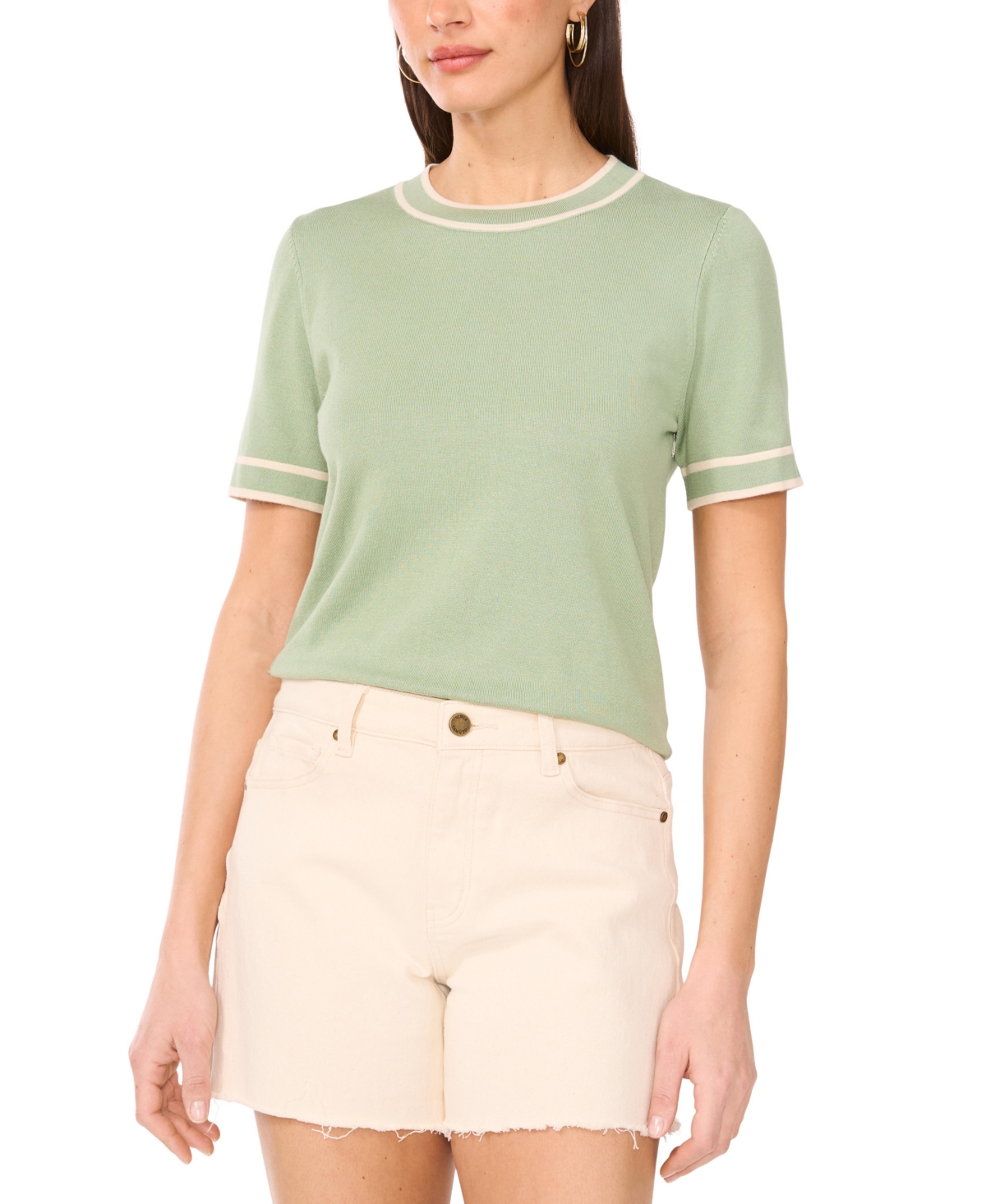 Click here for Vince Camuto Womens Striped-Edge Short-Sleeve Swea... prices