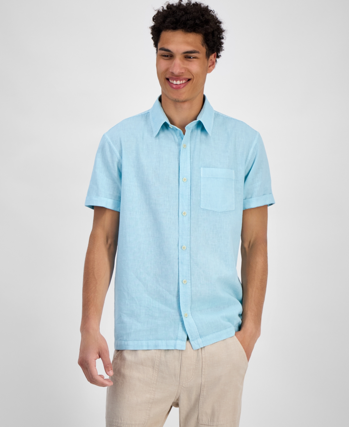Click here for Sun + Stone Mens Blake Linen Chambray Short Sleeve... prices