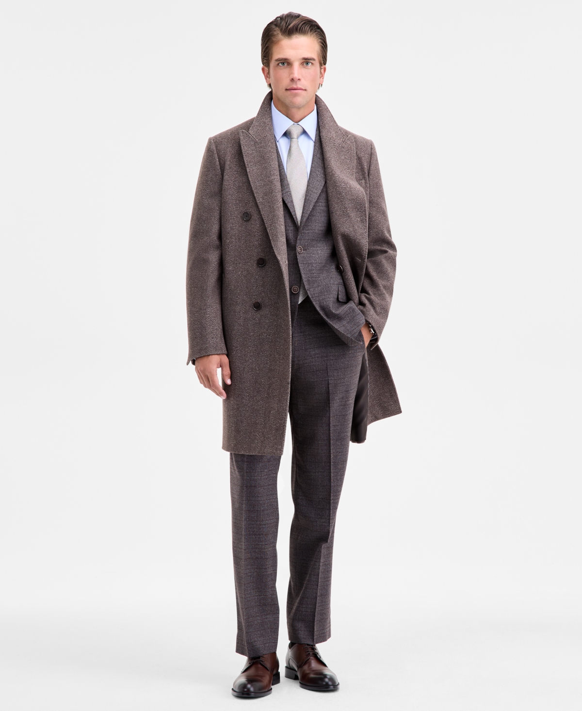 Calvin Klein Mens Classic-Fit Wool Blend Overcoat - Brown Herringbone