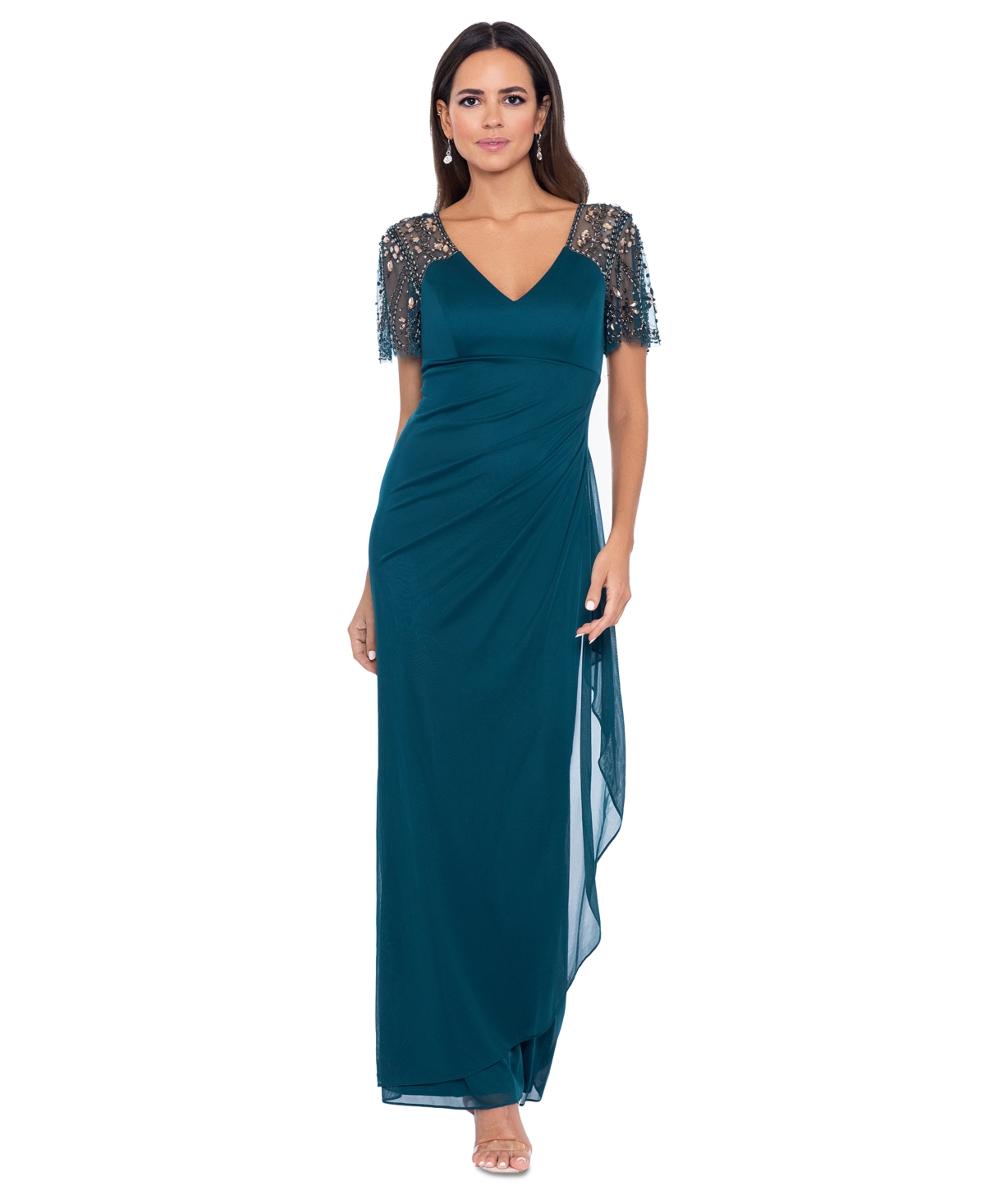 Click here for Xscape Beaded-Sleeve Gown - Neo Emerald prices