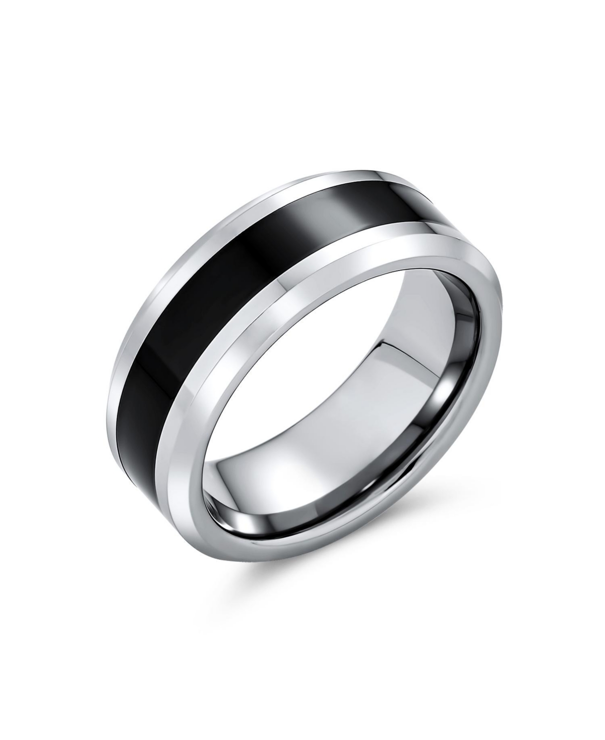 Bling Jewelry Simple Two Tone Black Center Couples Titanium Band Ring Silver Tone Beveled Edge 8MM - Silver