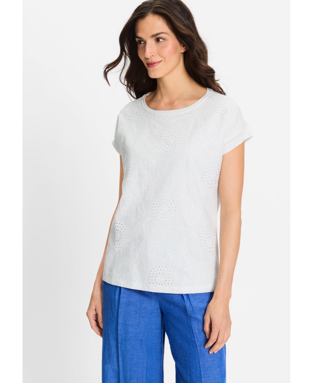 Click here for Olsen Womens Eyelet Embroidered T-Shirt - White prices