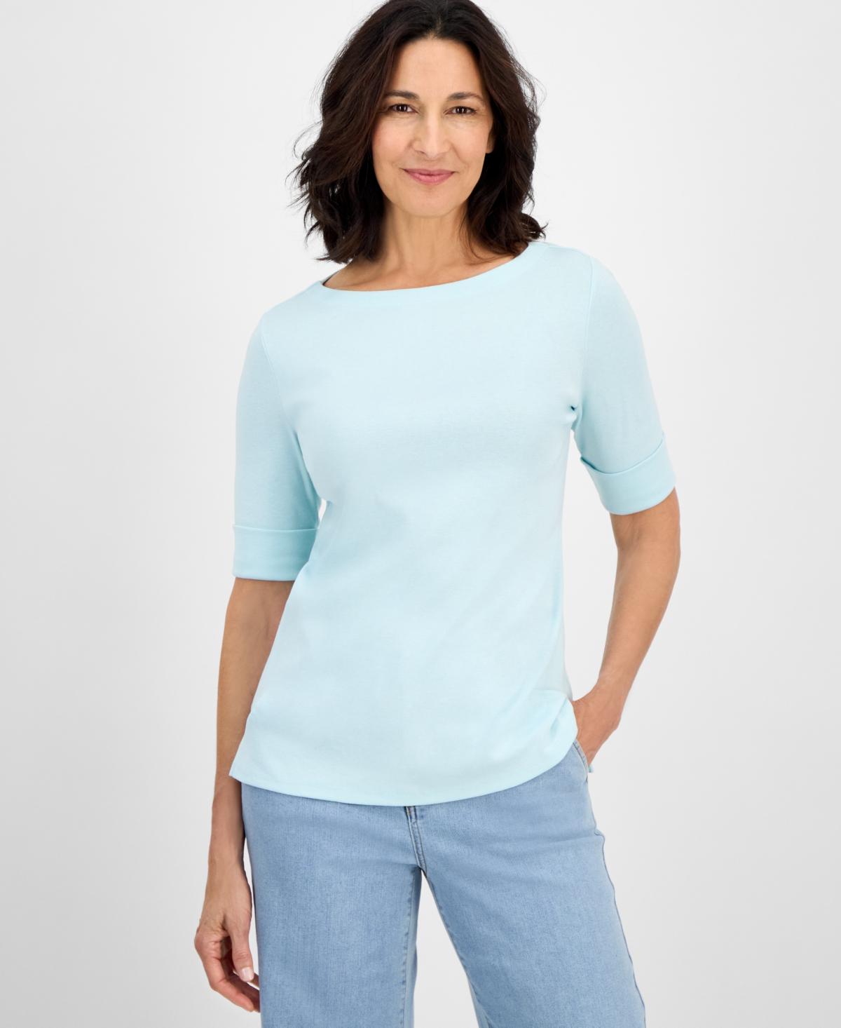 Click here for Style & Co Womens Boat-Neck Elbow Sleeve Cotton To... prices