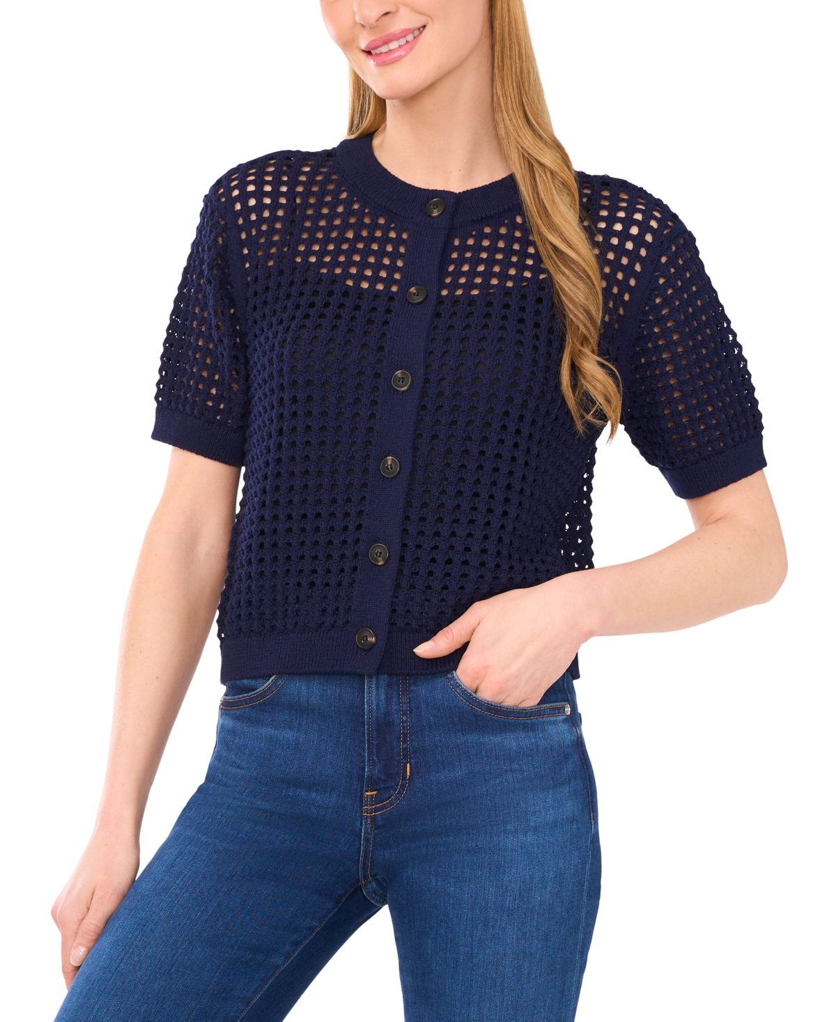 Click here for CeCe Womens Texture Mesh Short-Sleeve Cardigan - C... prices