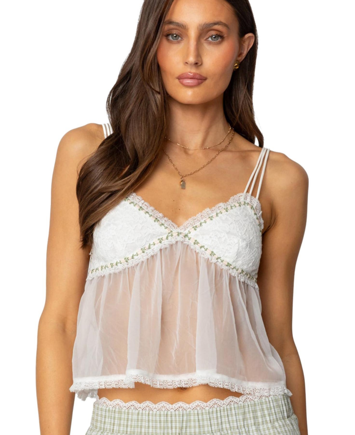Click here for Edikted Womens Sheer Lacey Babydoll Tank Top - Whi... prices