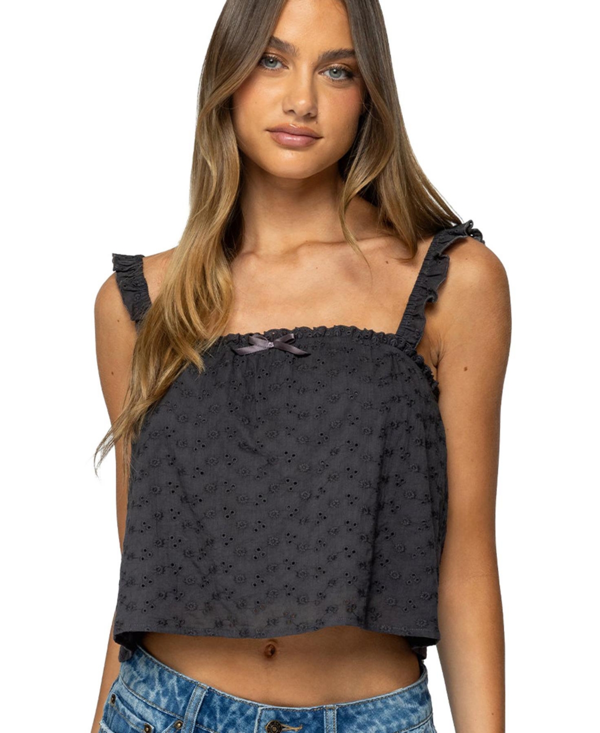 Click here for Edikted Womens Tami Eyelet Ruffle Tank Top - Dark-... prices