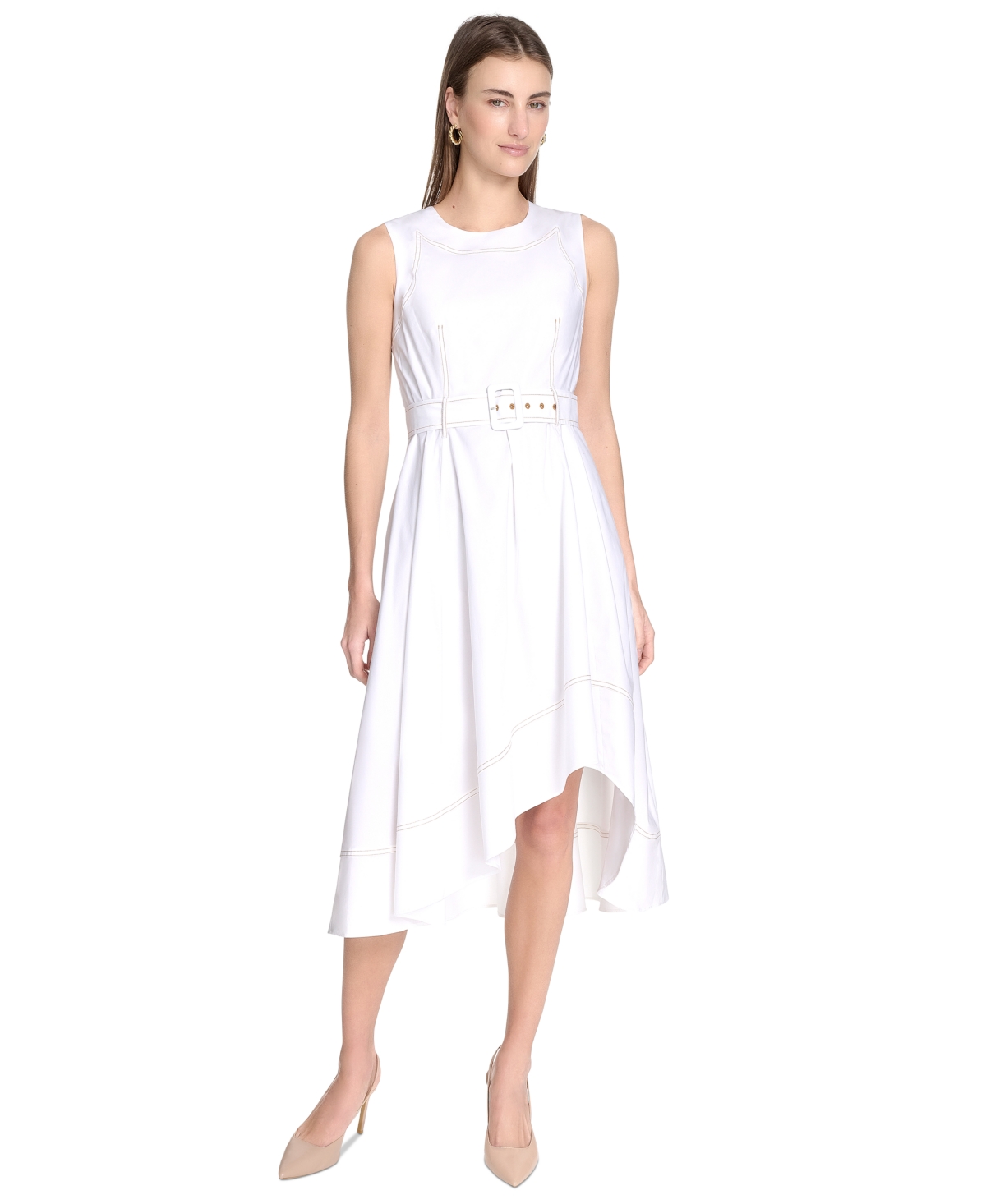 Calvin Klein Womens Belted Sleeveless Asymmetric-Hem Dress - White
