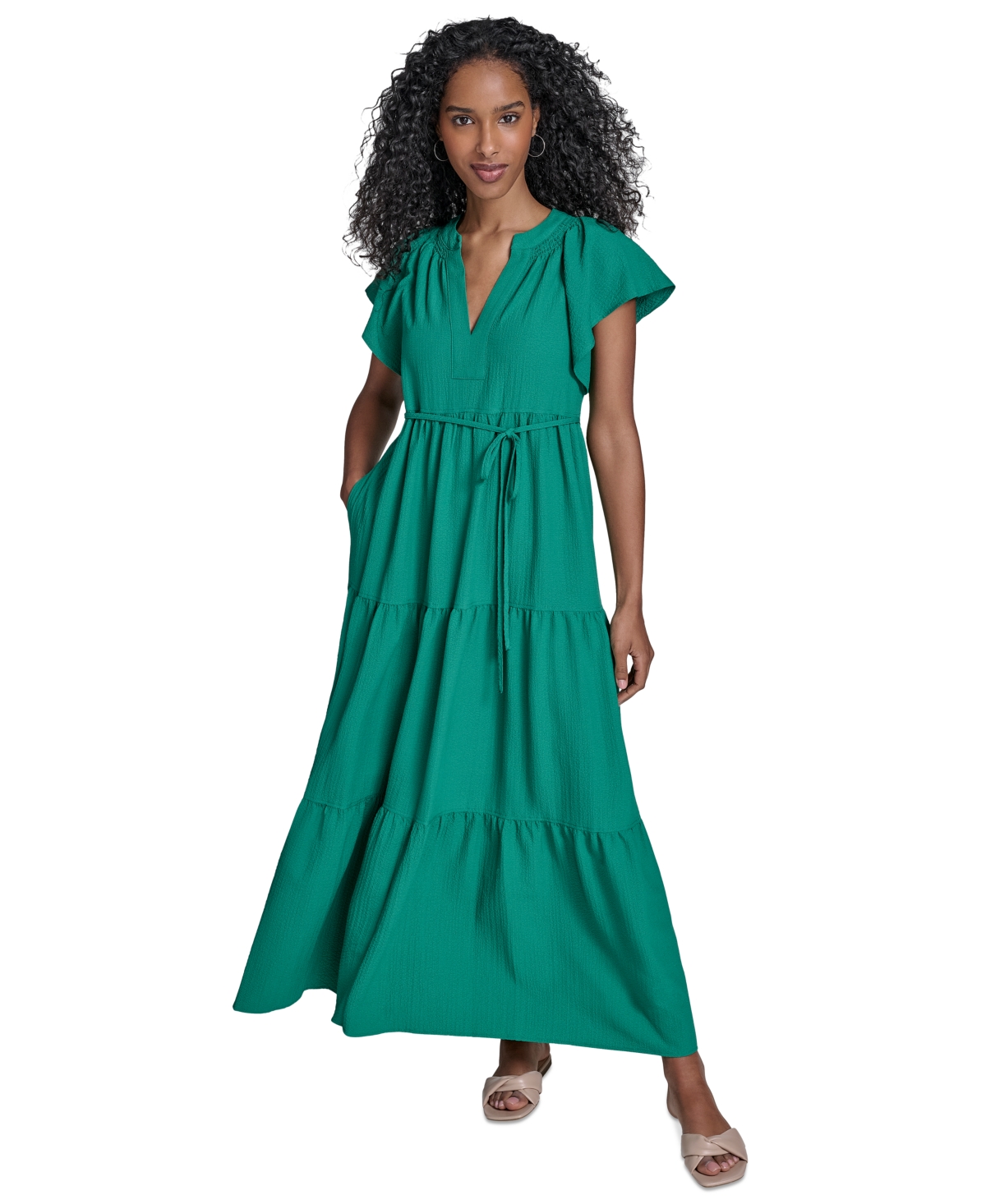 Click here for Calvin Klein Womens Split-Neck Tiered Maxi Dress -... prices