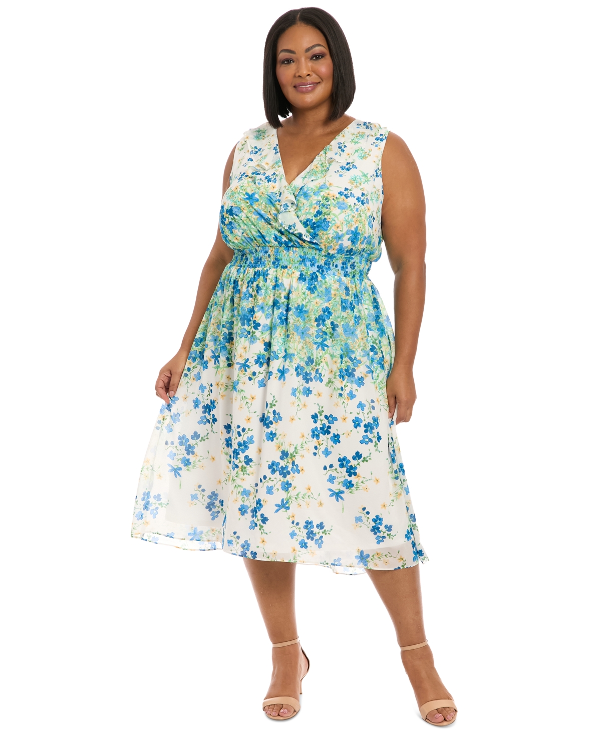 Click here for London Times Plus Size V-Neck Smocked-Waist Midi D... prices