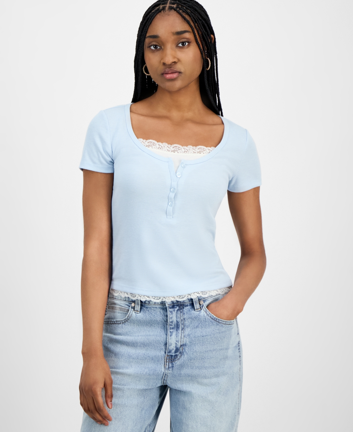 Click here for Hippie Rose Juniors Lace-Trim Layered Henley T-Shi... prices
