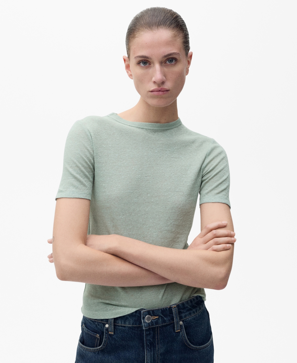Click here for Mango Womens Short-Sleeved Linen T-Shirt - Green prices