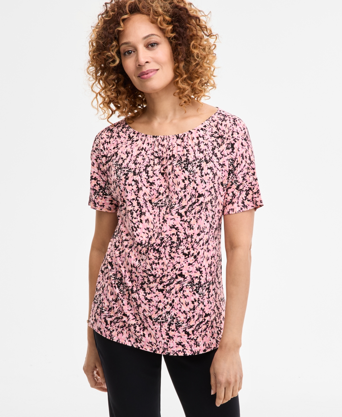 Click here for Jm Collection Womens Printed Pleat Neck Short-Slee... prices