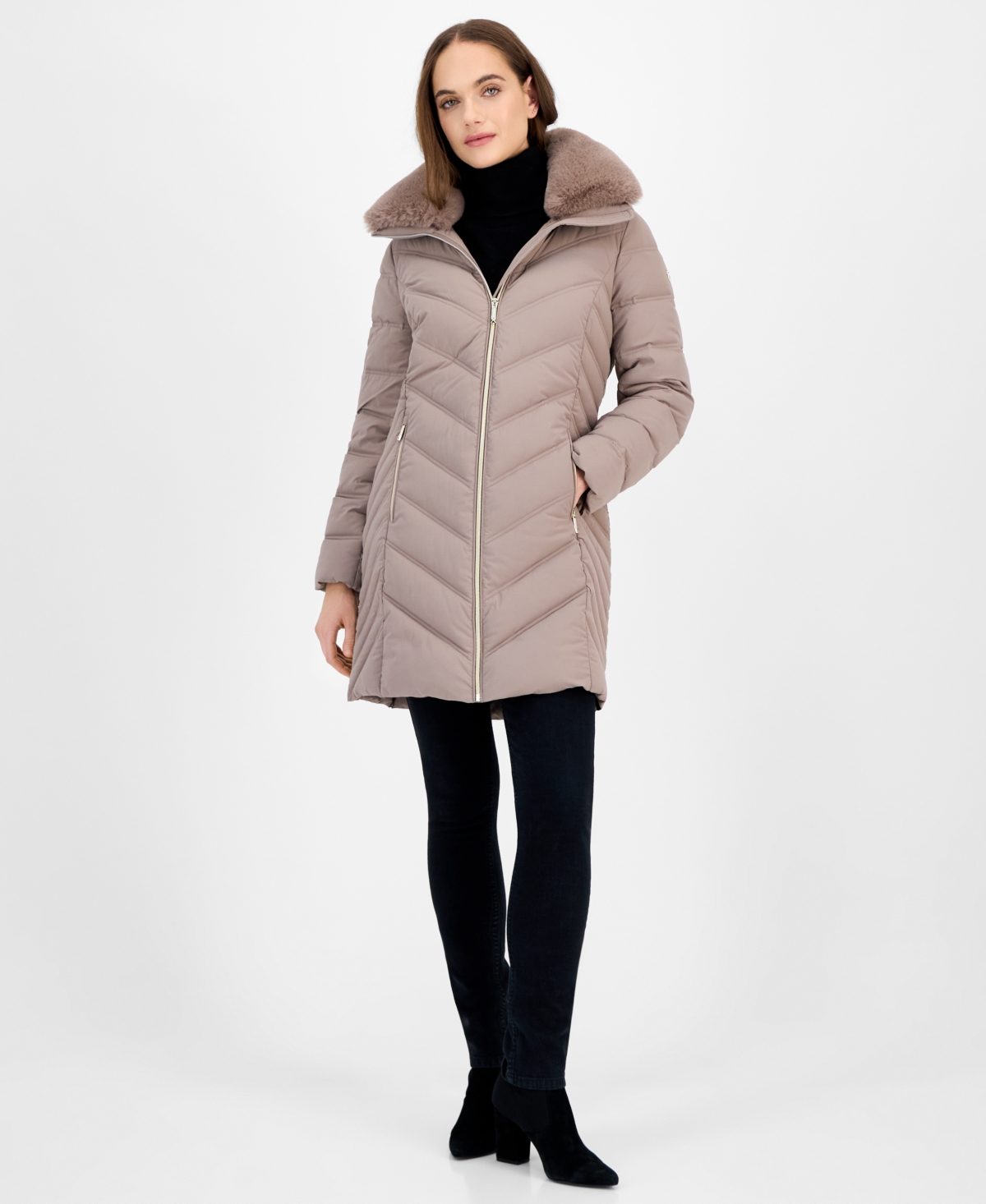 Michael Michael Kors Womens Faux-Fur-Trim Hooded Puffer Coat - Taupe