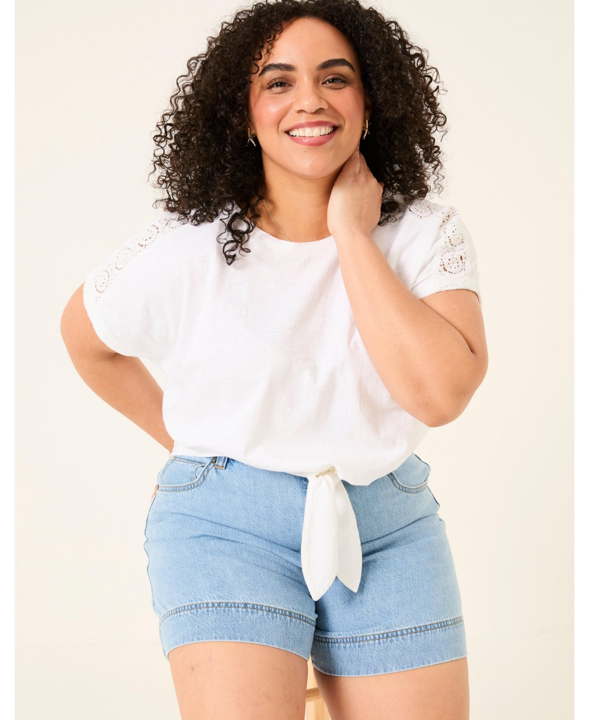 Click here for FatFace Plus Size Lace Tie Front Shirt - White prices