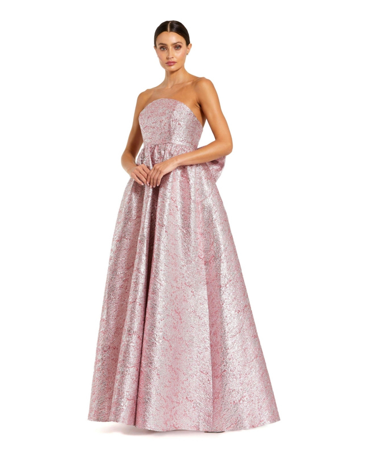 Mac Duggal Womens Metallic Strapless Brocade Gown With Oversized Bow - Raspberry