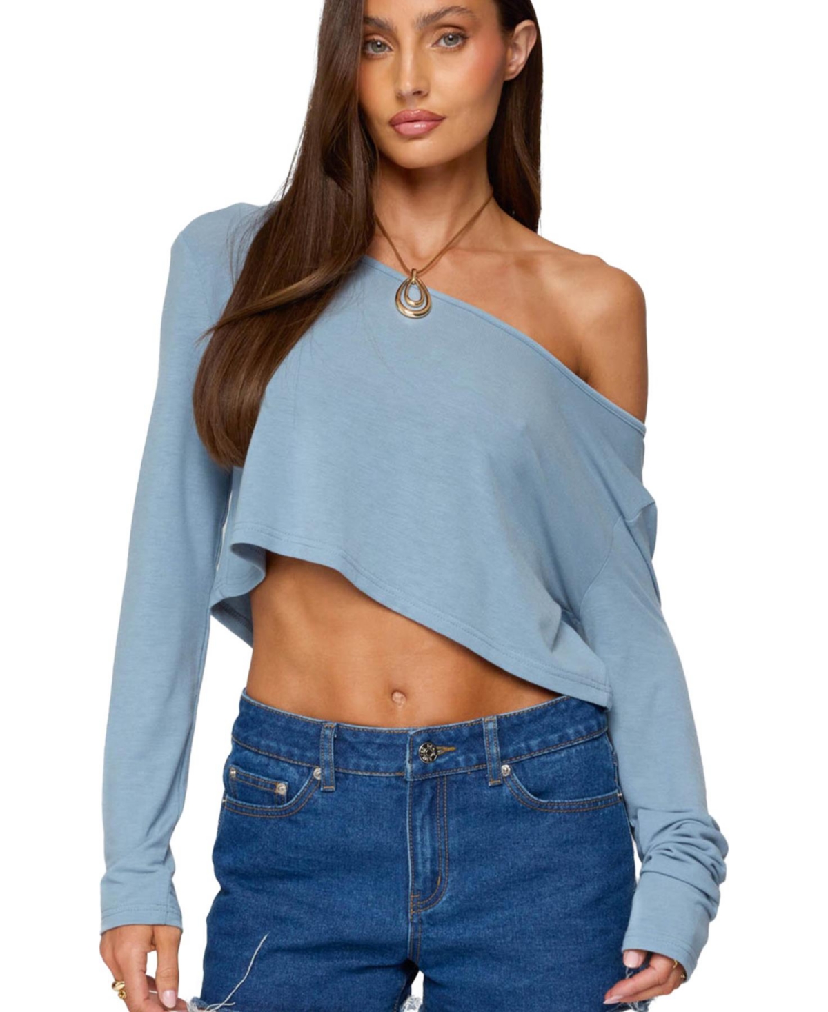 Click here for Edikted Womens Cropped Off Shoulder Top - Blue prices