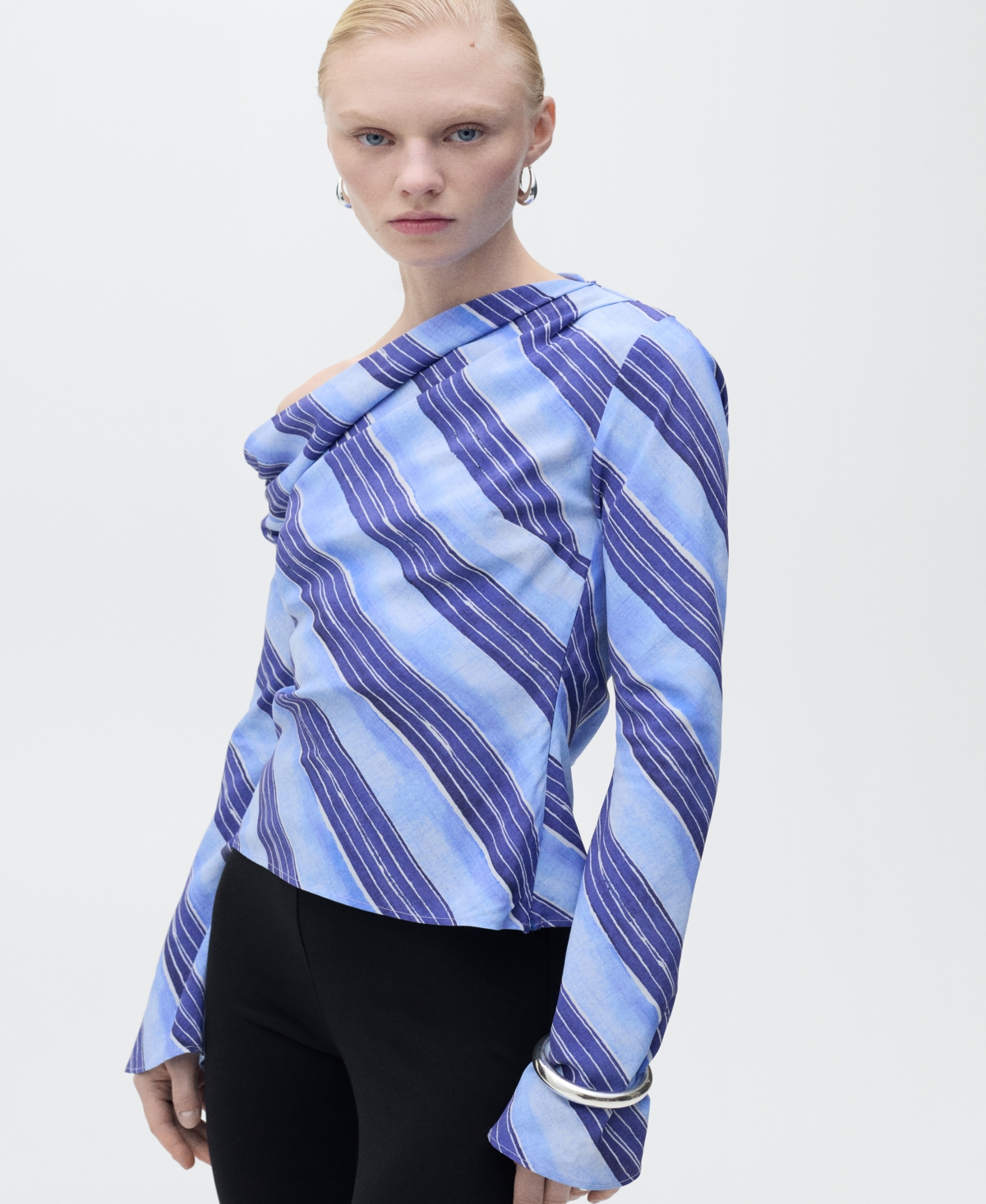 Click here for Mango Womens Asymmetrical Striped Blouse - Sky Blu... prices