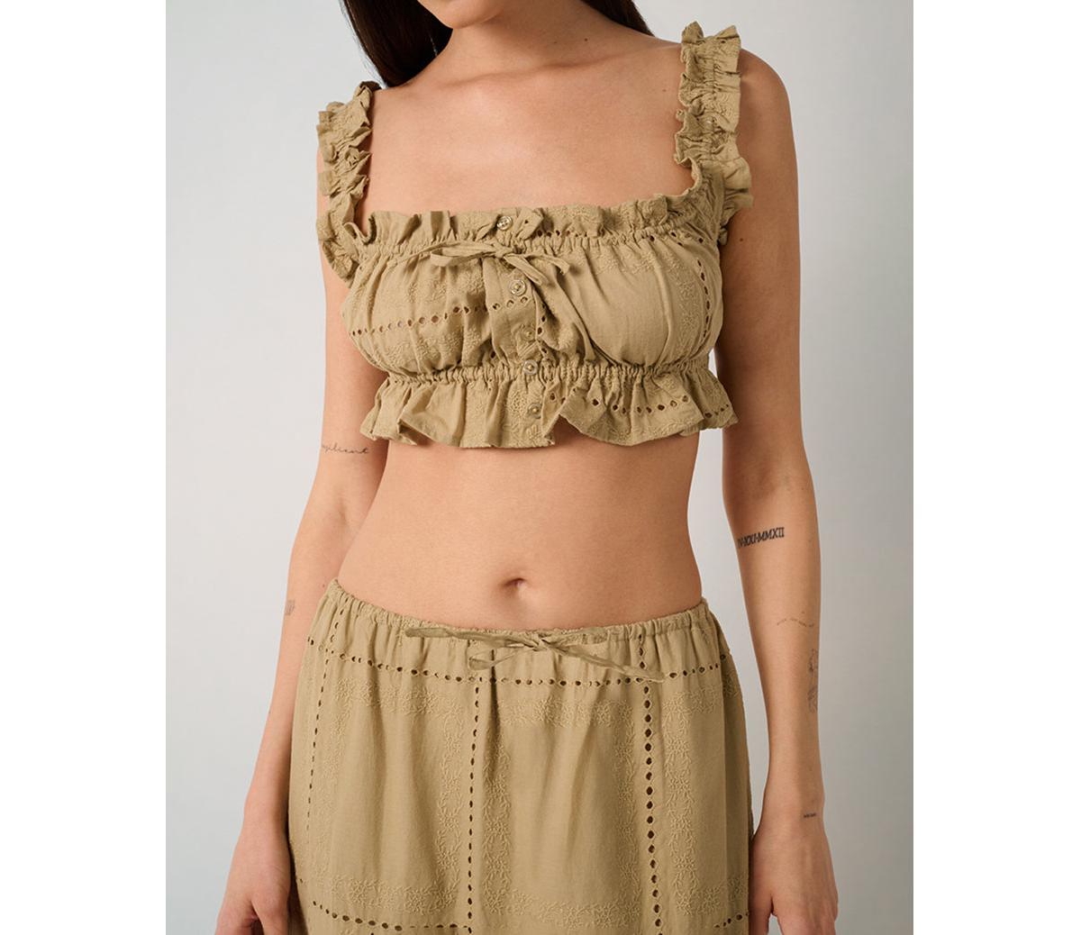 Click here for WeWoreWhat Womens Ruffle Button Crop Top - Oat mul... prices