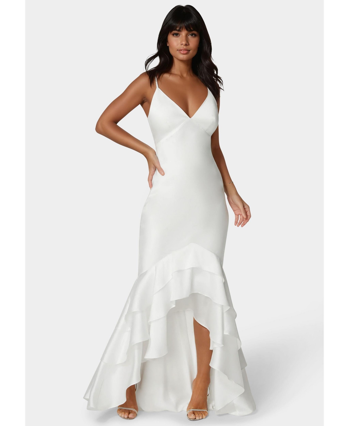 Click here for Bebe Womens Tiered Satin High Low Gown - White prices