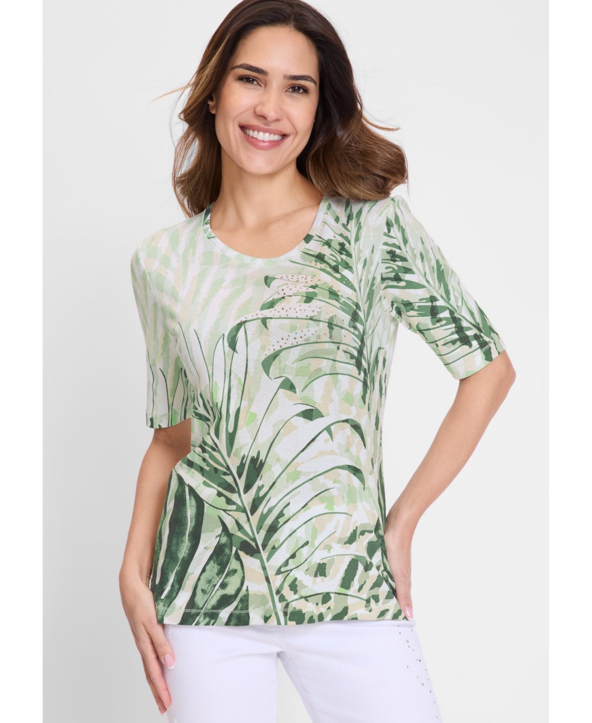 Click here for Olsen Womens Embellished Palm Print T-Shirt - Oliv... prices