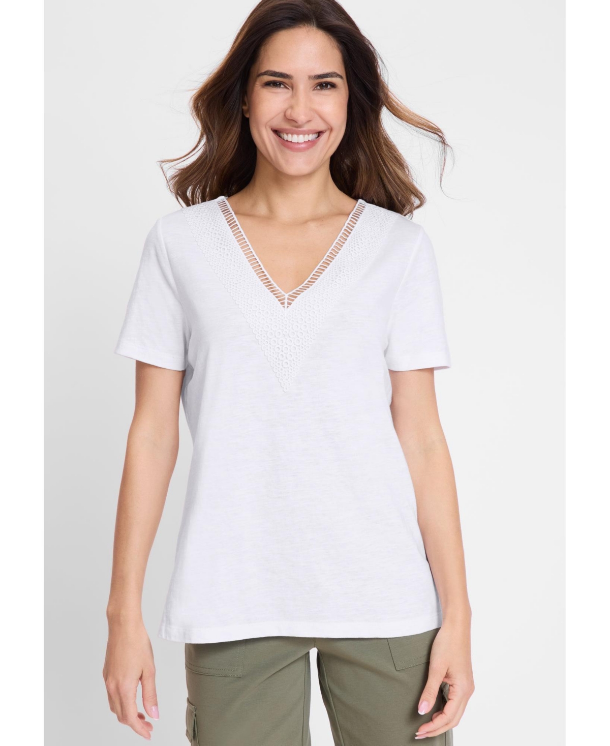 Click here for Olsen Womens Modern Eyelet V-Neck T-Shirt - White prices
