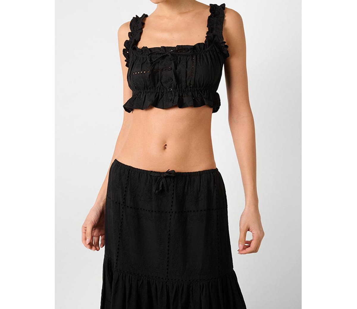 Click here for WeWoreWhat Womens Ruffle Button Crop Top - Black prices