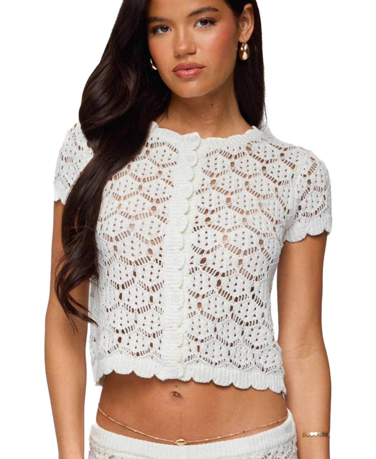 Edikted Womens Elisa Open Knit Button Up Top - Cream