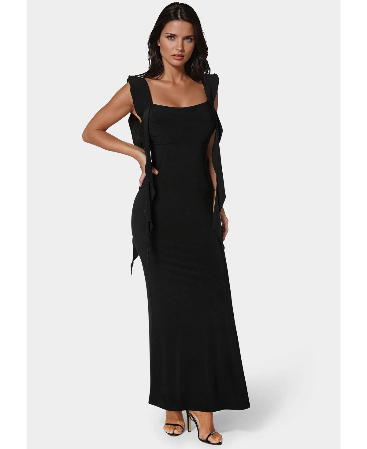 Click here for Bebe Womens Jersey Cascade Ruffle Dress - Black prices