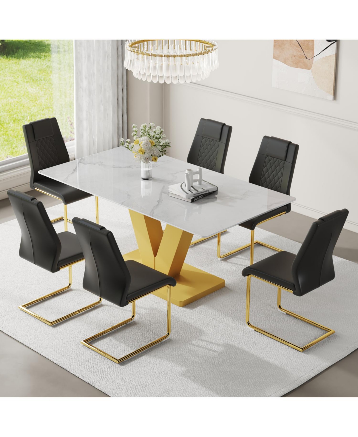 Click here for Snow Mountain White Glass Dining Set with 6 Black... prices