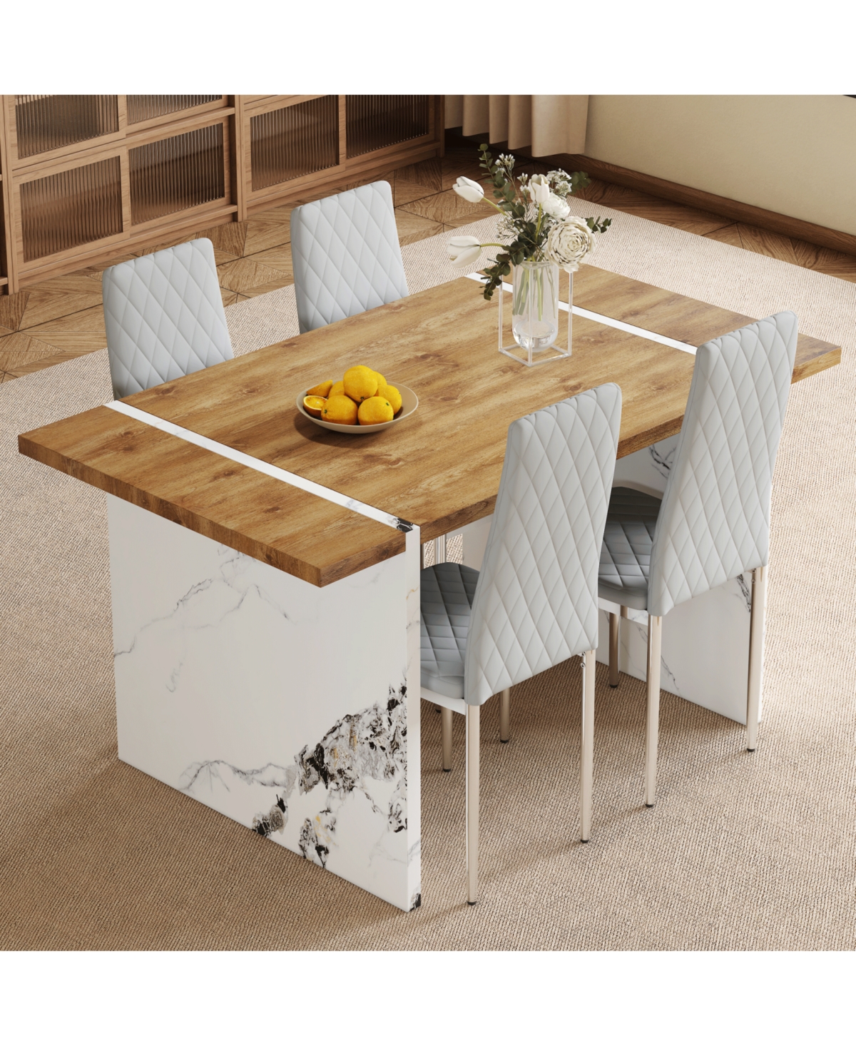 Click here for Natural Wood Dining Set: Table & 4 Gray Chairs - L... prices