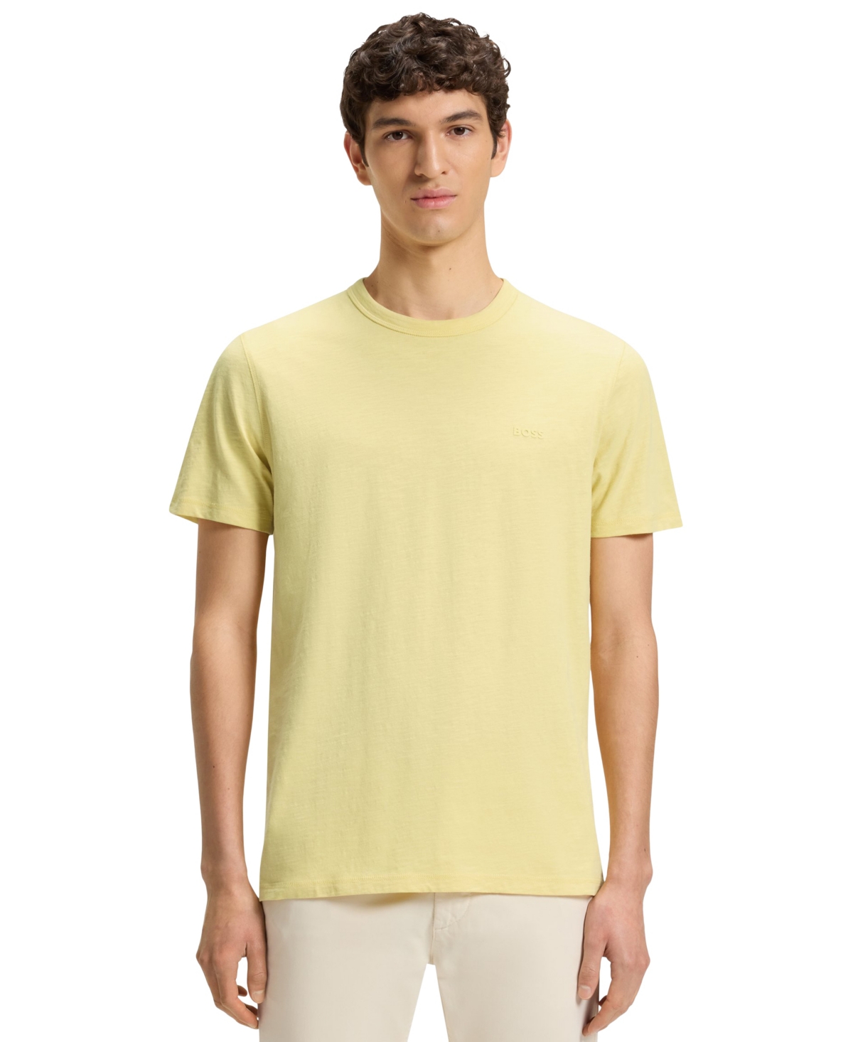 Boss by Hugo Boss Mens Slub-Cotton Logo Detail T-Shirt - Yellow