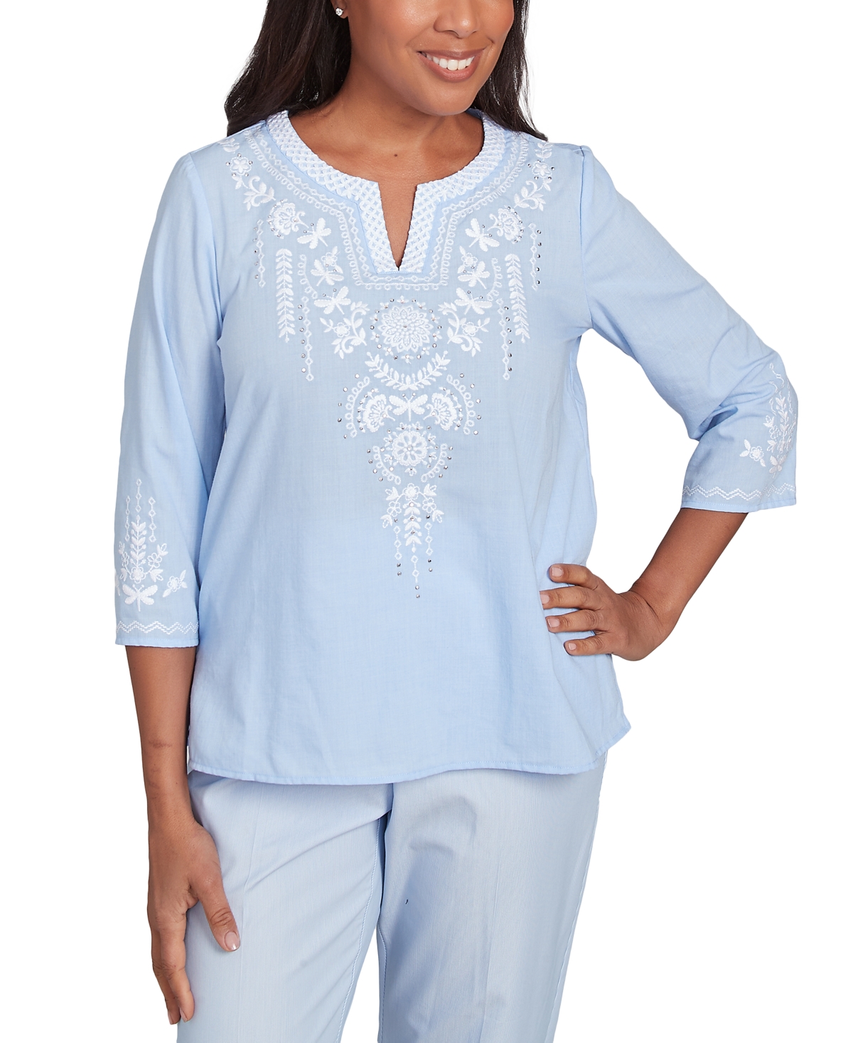 Click here for Alfred Dunner Petite Embroidered Split-Neck 3/4-Sl... prices