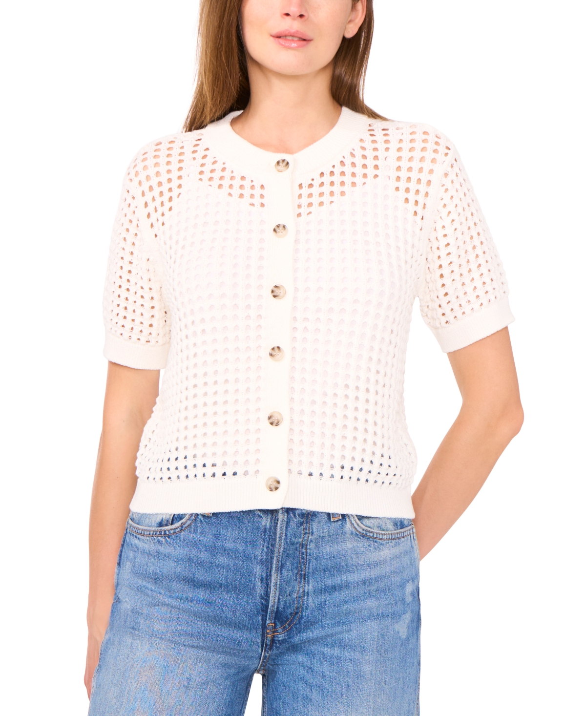 Click here for CeCe Womens Texture Mesh Short-Sleeve Cardigan - A... prices