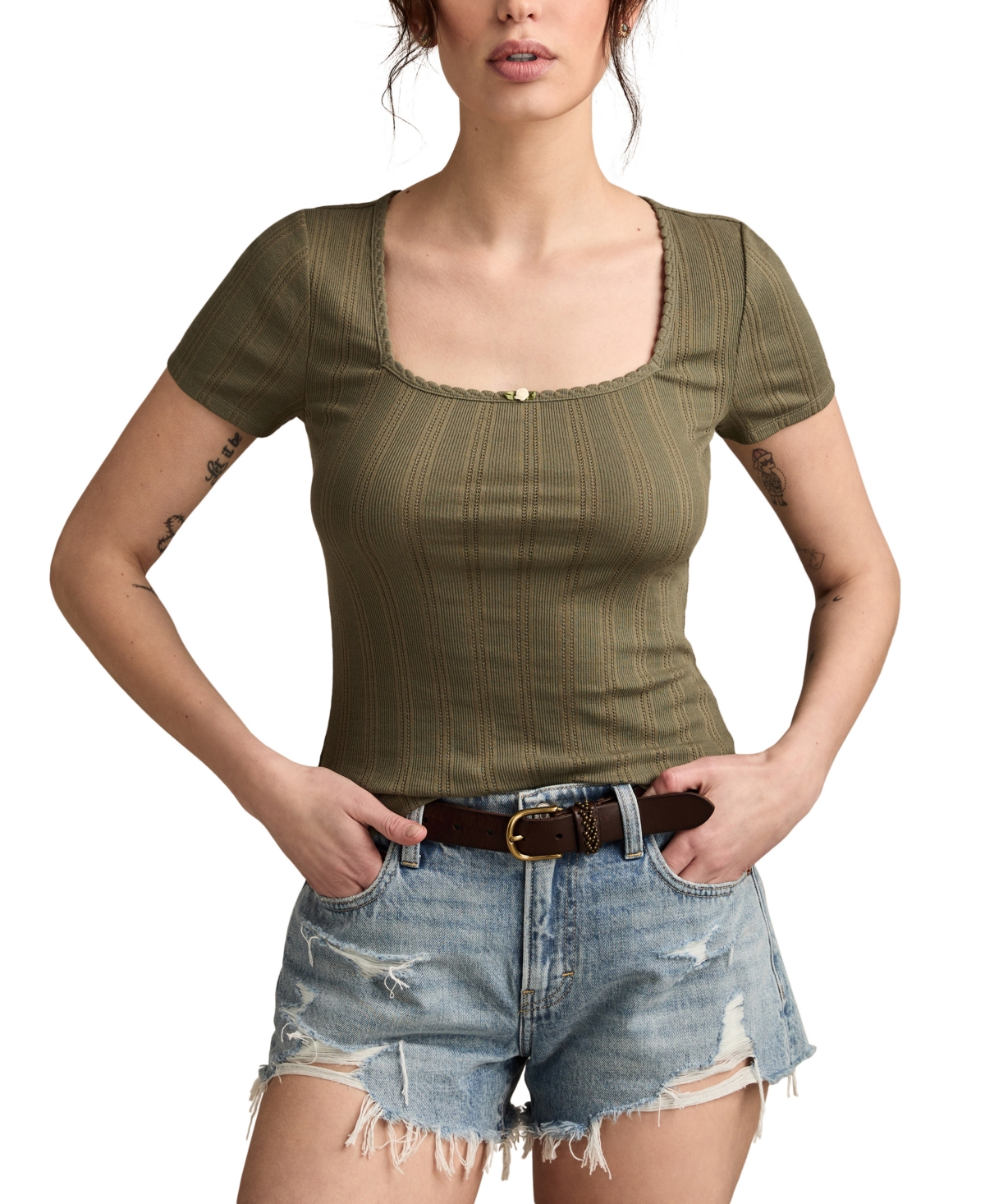 Click here for Lucky Brand Pointelle Tee - Dusty Olive prices