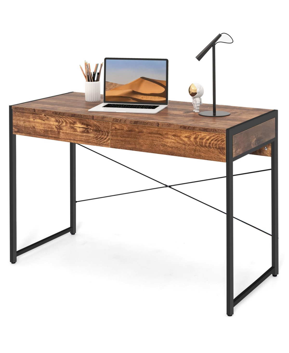 Click here for 2-Drawer Home Office Desk with Steel Frame - Brown prices
