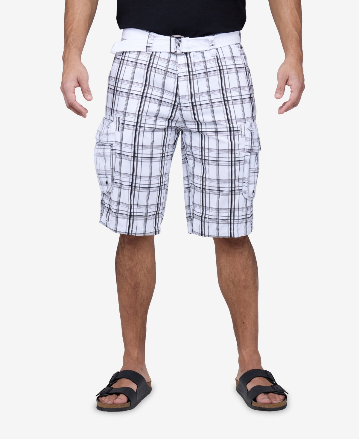 Click here for Mens Belted Double Pocket Cargo Shorts - Plaid whi... prices