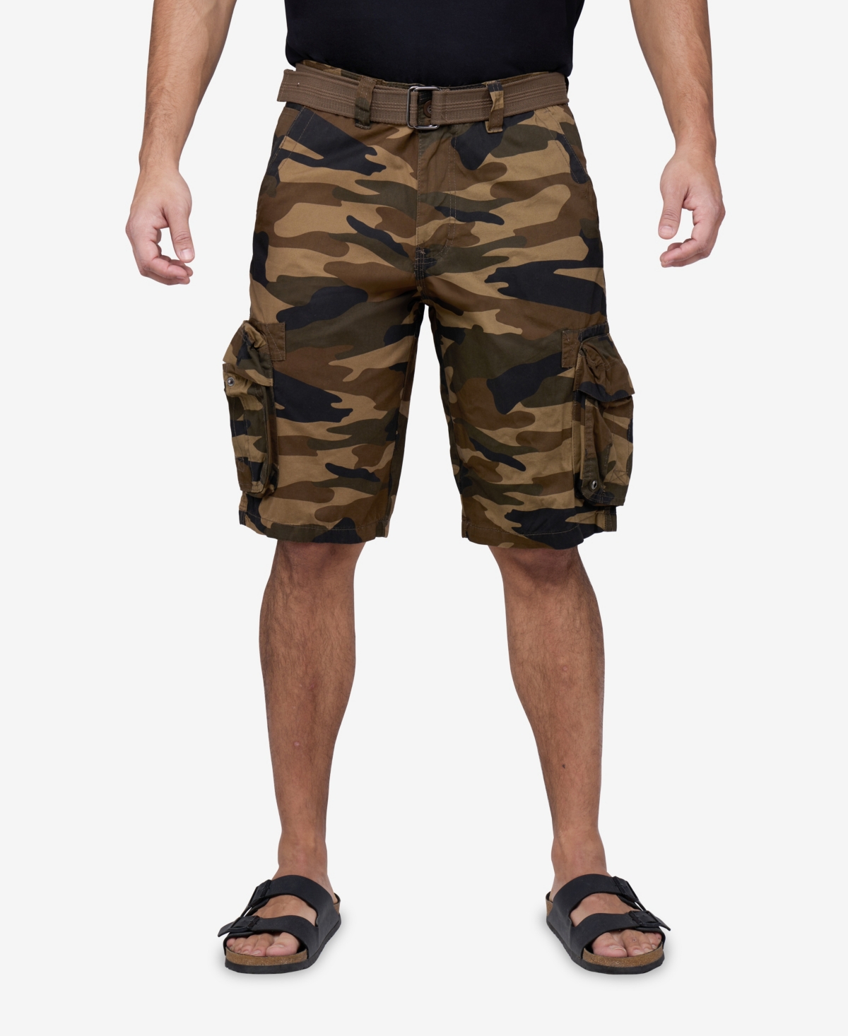 Click here for Mens Belted Double Pocket Cargo Shorts - Brown cam... prices
