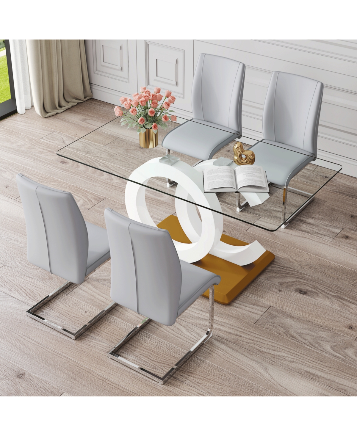 Click here for Purist Glass + Metal Dining Set  4 Pu Chairs - Lig... prices