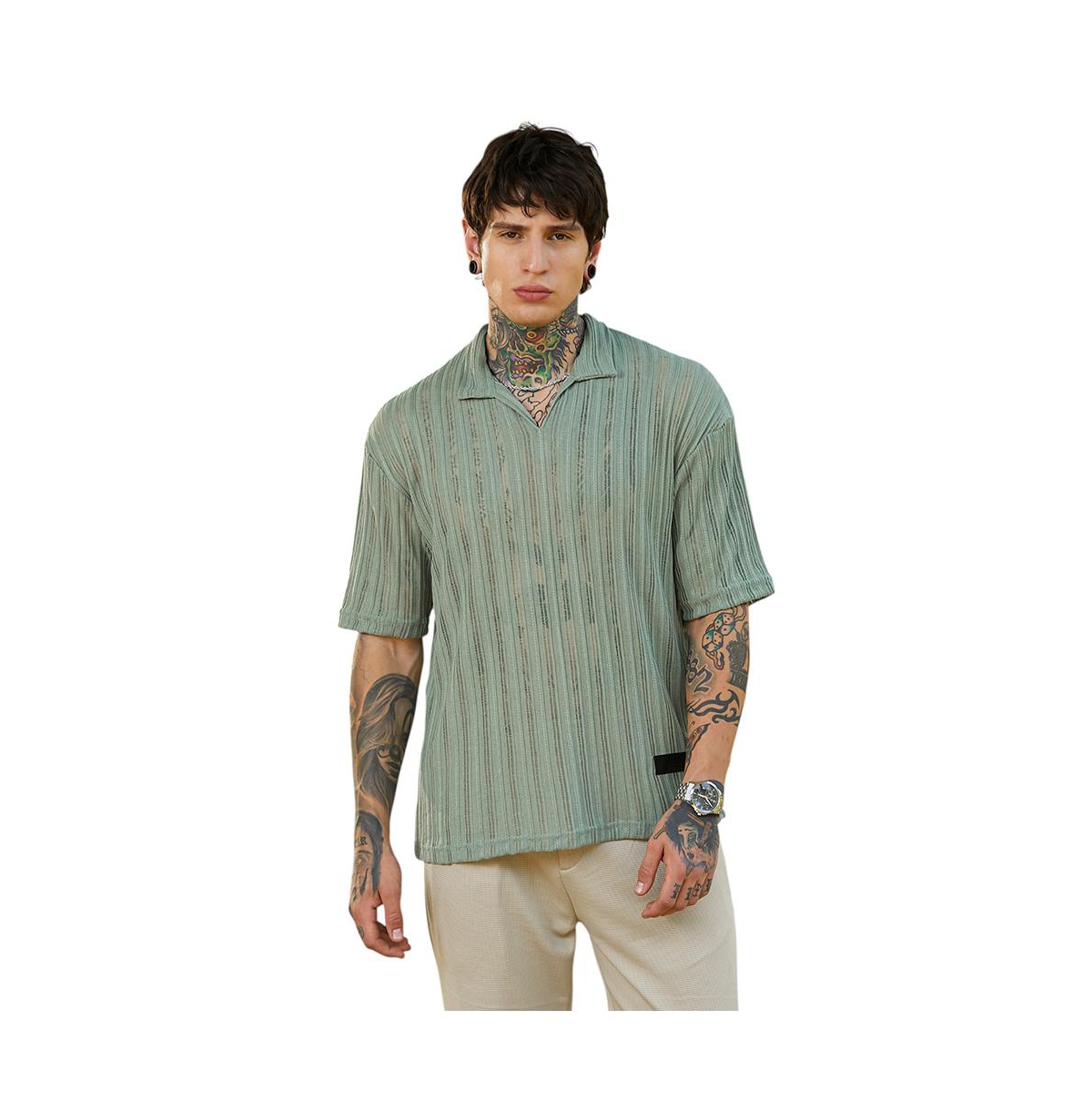 Click here for Campus Sutra Mens Sage Green Duo-Striped Relaxed P... prices