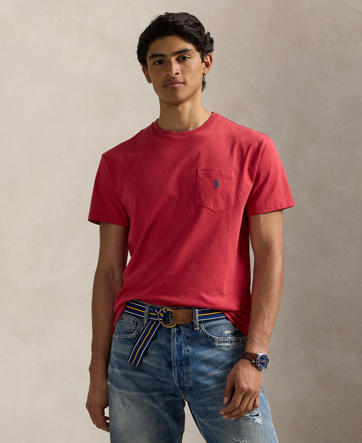 Polo Ralph Lauren Mens Classic-Fit Jersey Pocket T-Shirt - Sunrise Red