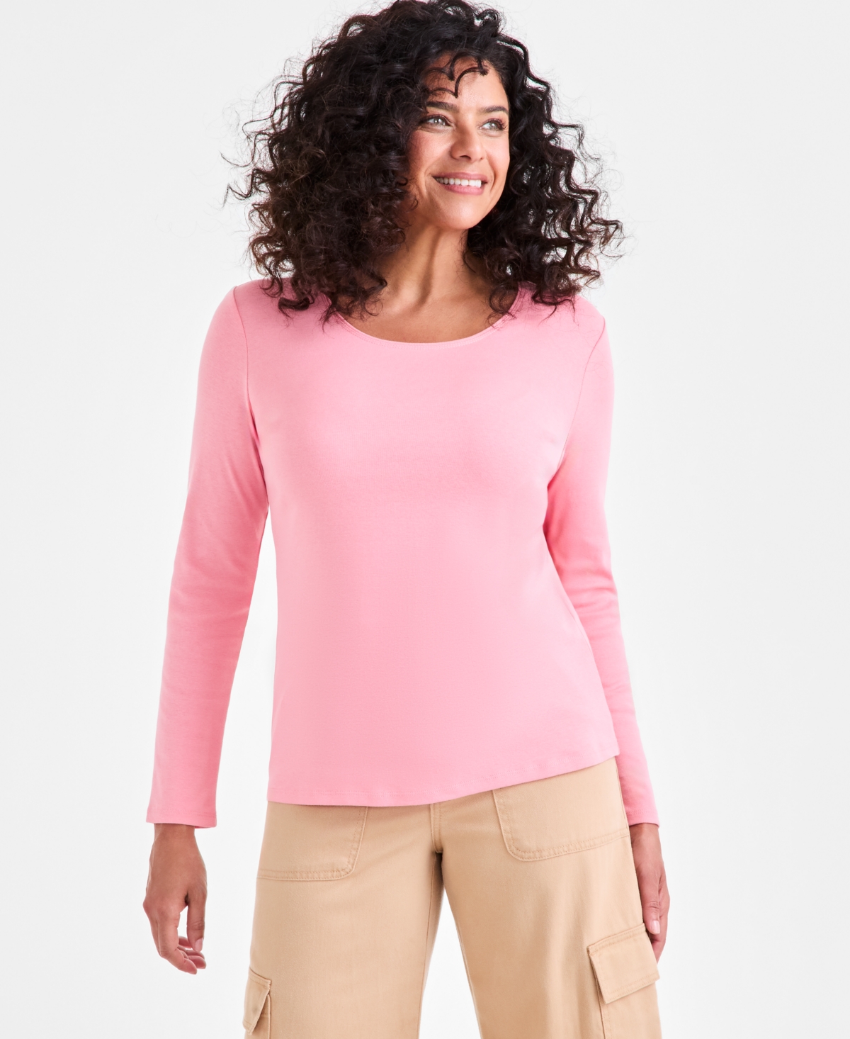 Style & Co Petite Scoop-Neck Long-Sleeve Cotton Top  Created for Macys - Peached Pink