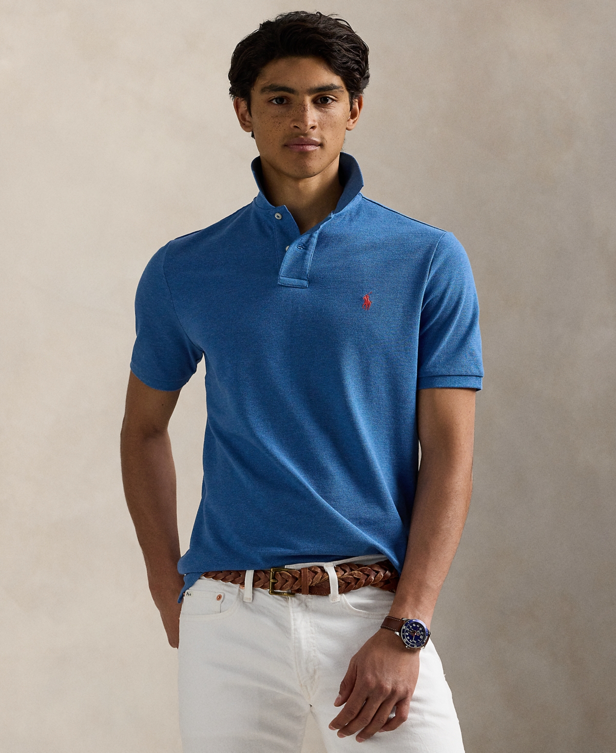 Polo Ralph Lauren Mens Cotton Custom Slim Fit Mesh Polo Shirt - Fresh Surf Heather
