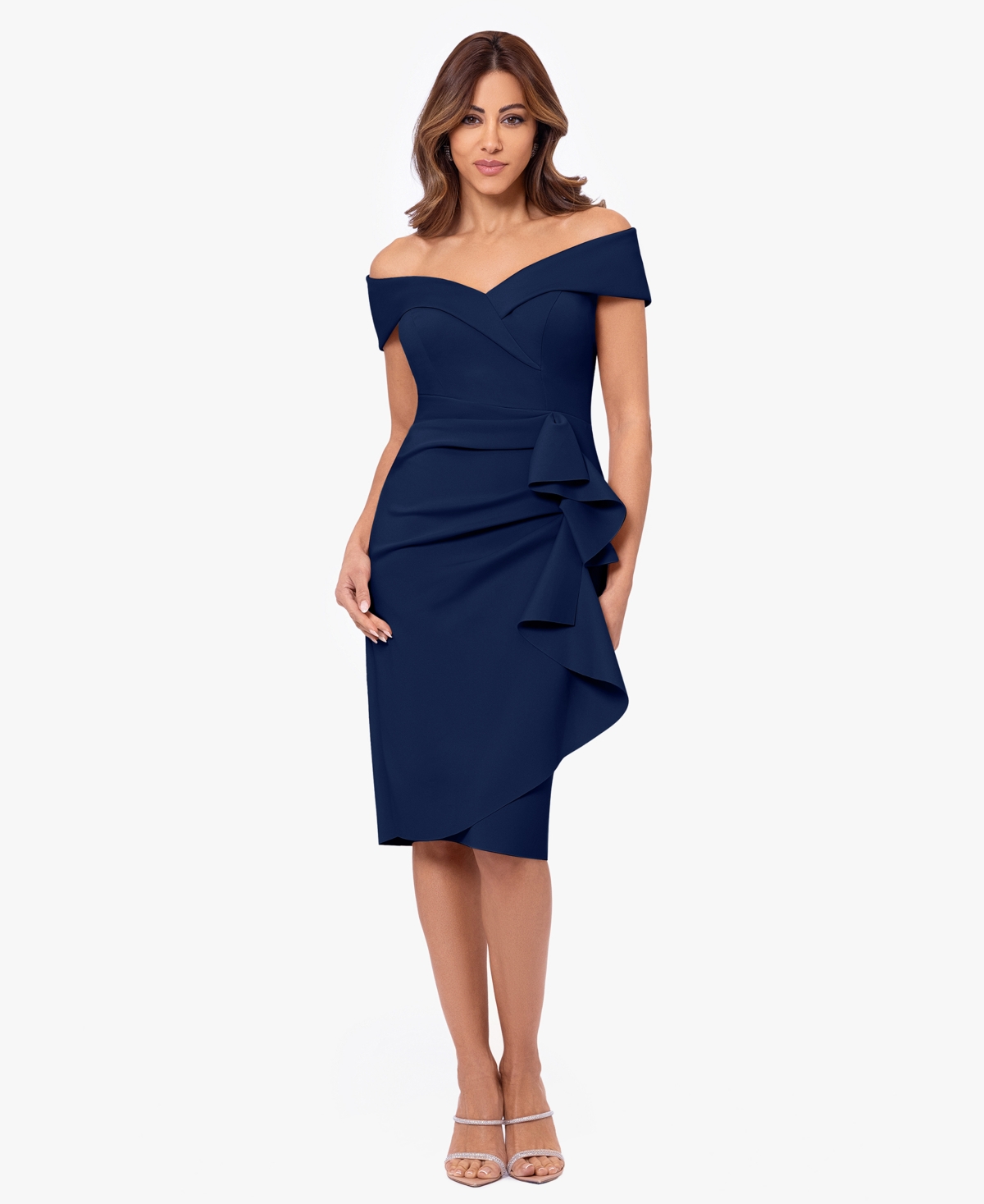 Click here for Xscape Womens Off-The-Shoulder Sweetheart Ruffle D... prices